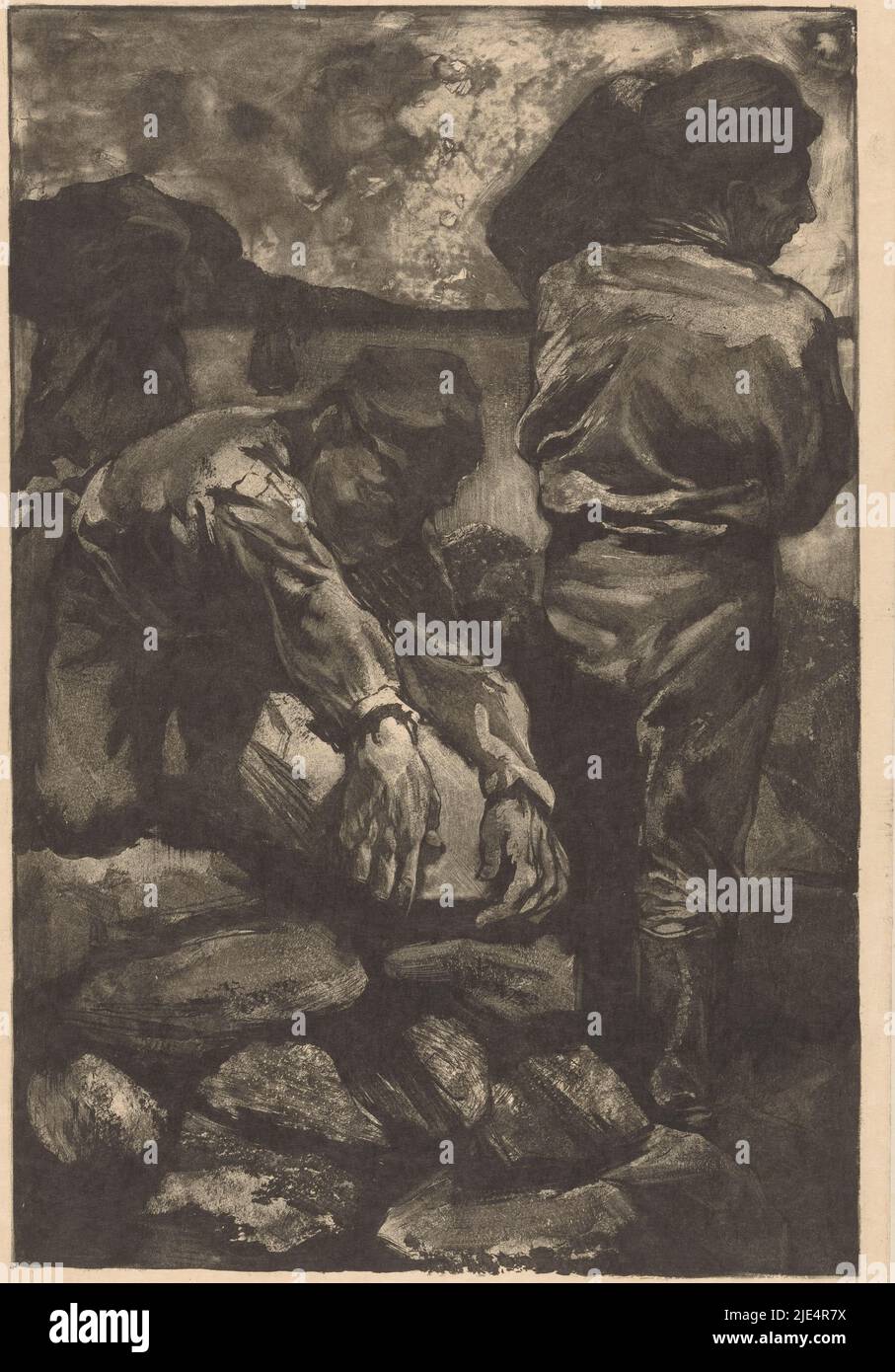 Two men in working clothes and with cap carrying stones. The man on the ...