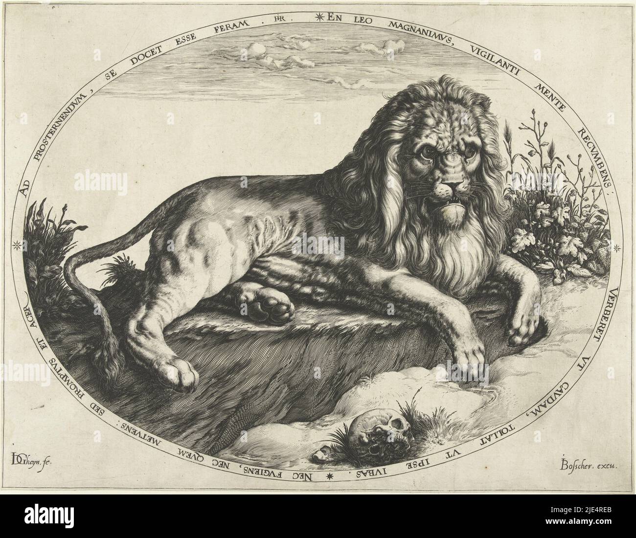 Oval representation of a lion lying near a skull. Around the scene a ...