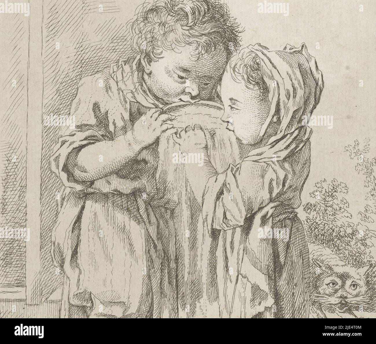 Two children eating together out of the same cup. On the right in the ...