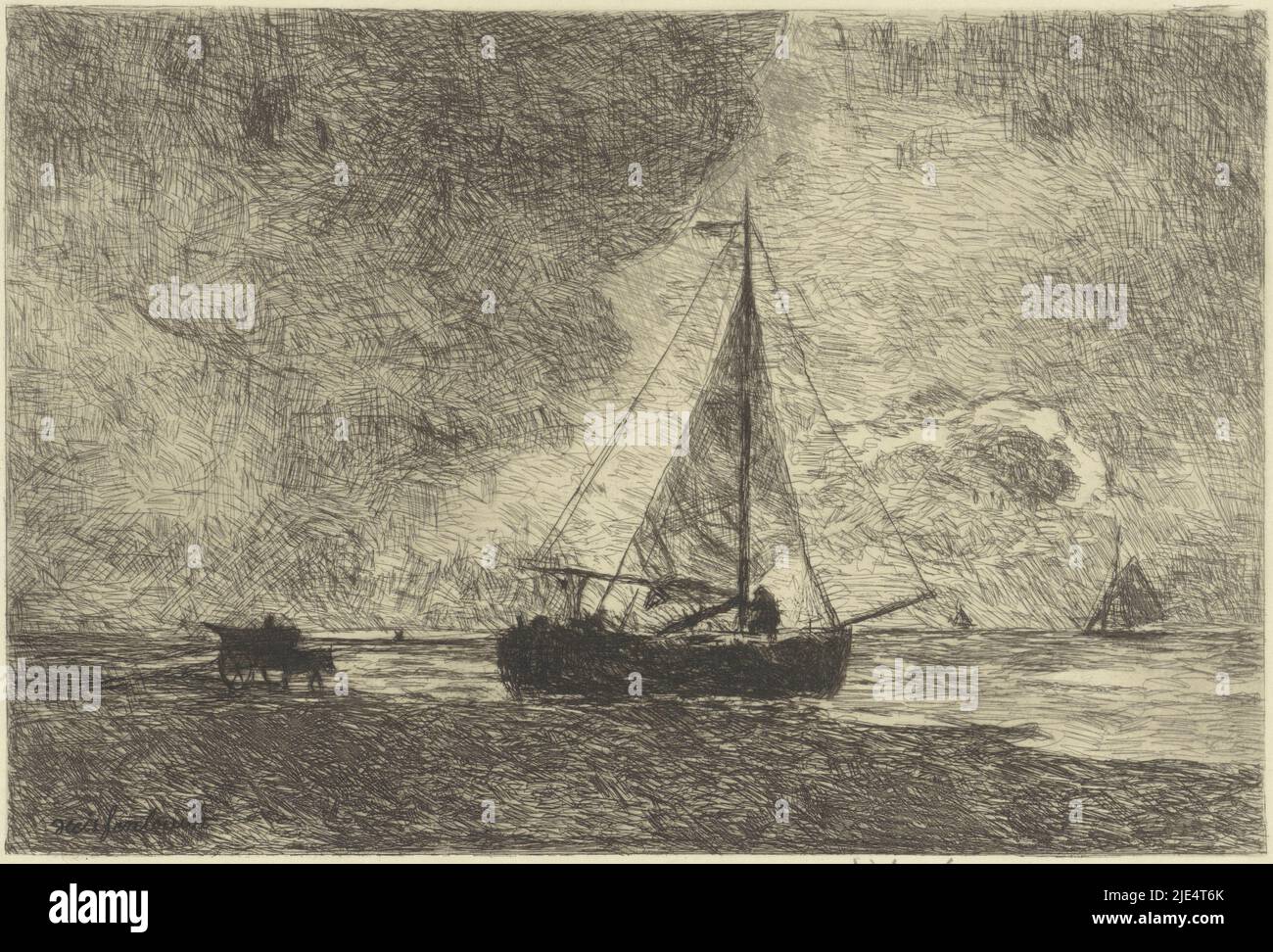 A horse-drawn carriage can be seen on the beach. In the surf is a ...