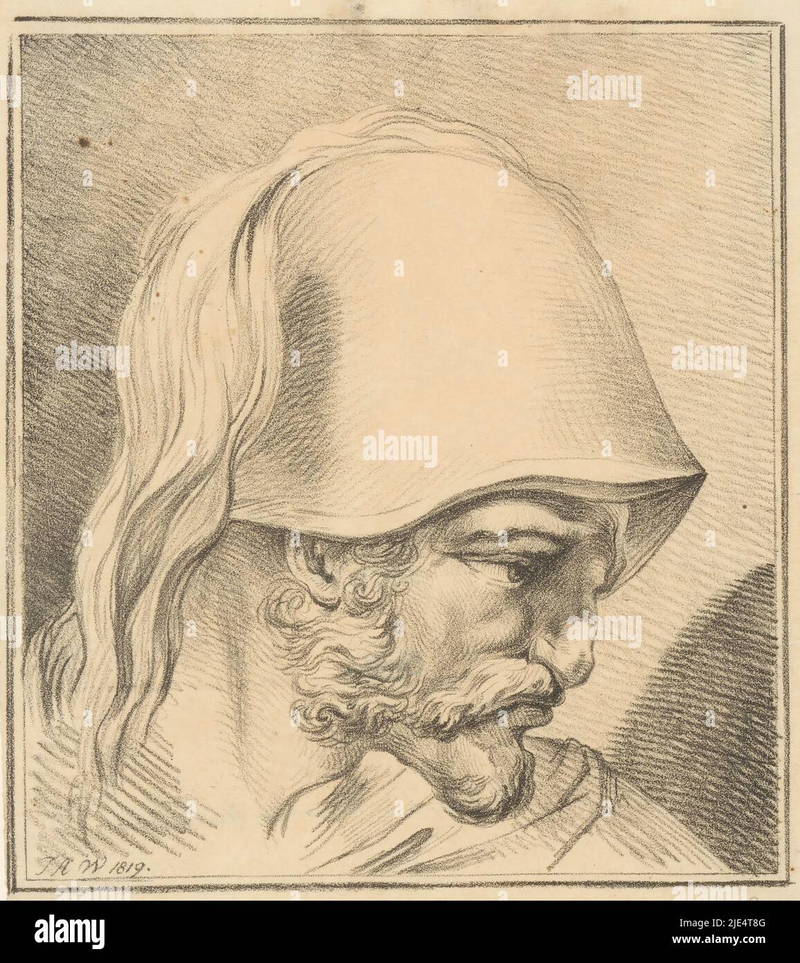 Man with helmet with feathers looking down to the right, Man with ...