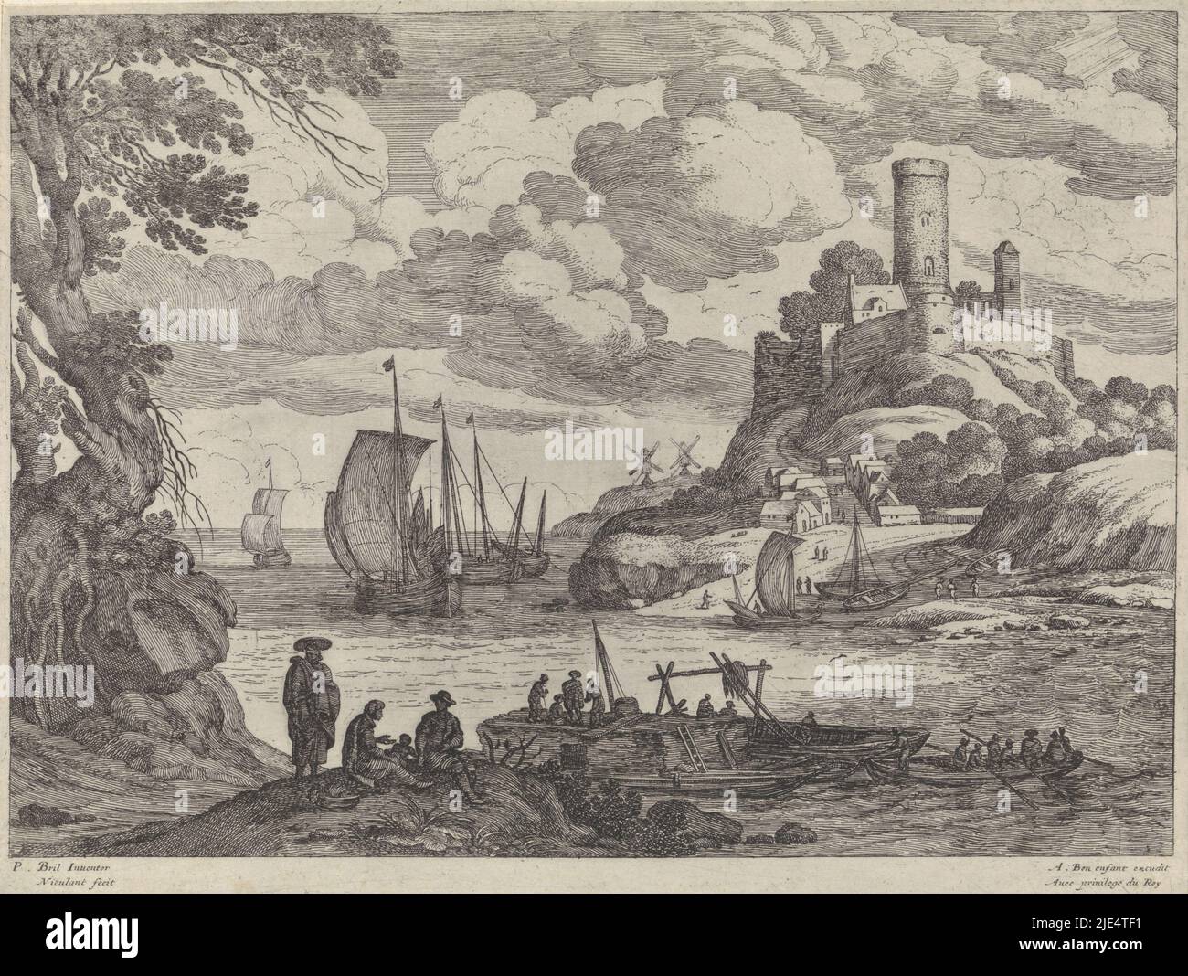 Several ships are anchored in an estuary leading to the sea. To the ...
