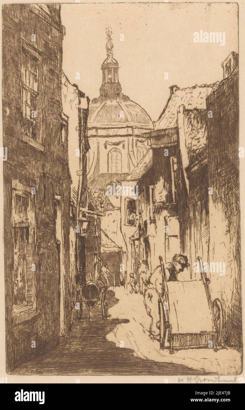 A man with a handcart and other figures on the street in Leiden. In the ...