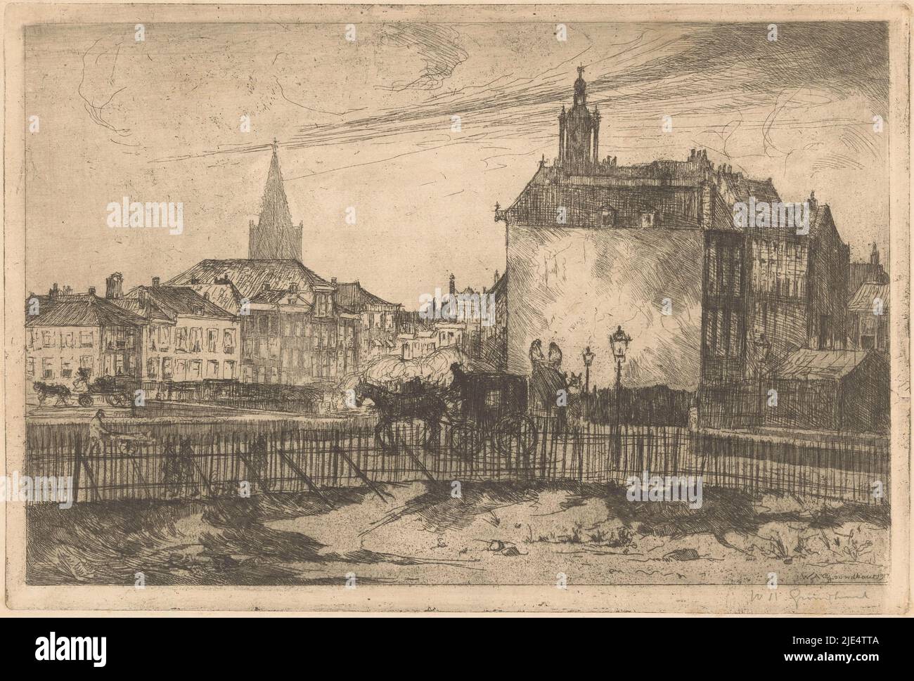 Horse-drawn carriages and a man with a cart on the street in The Hague ...