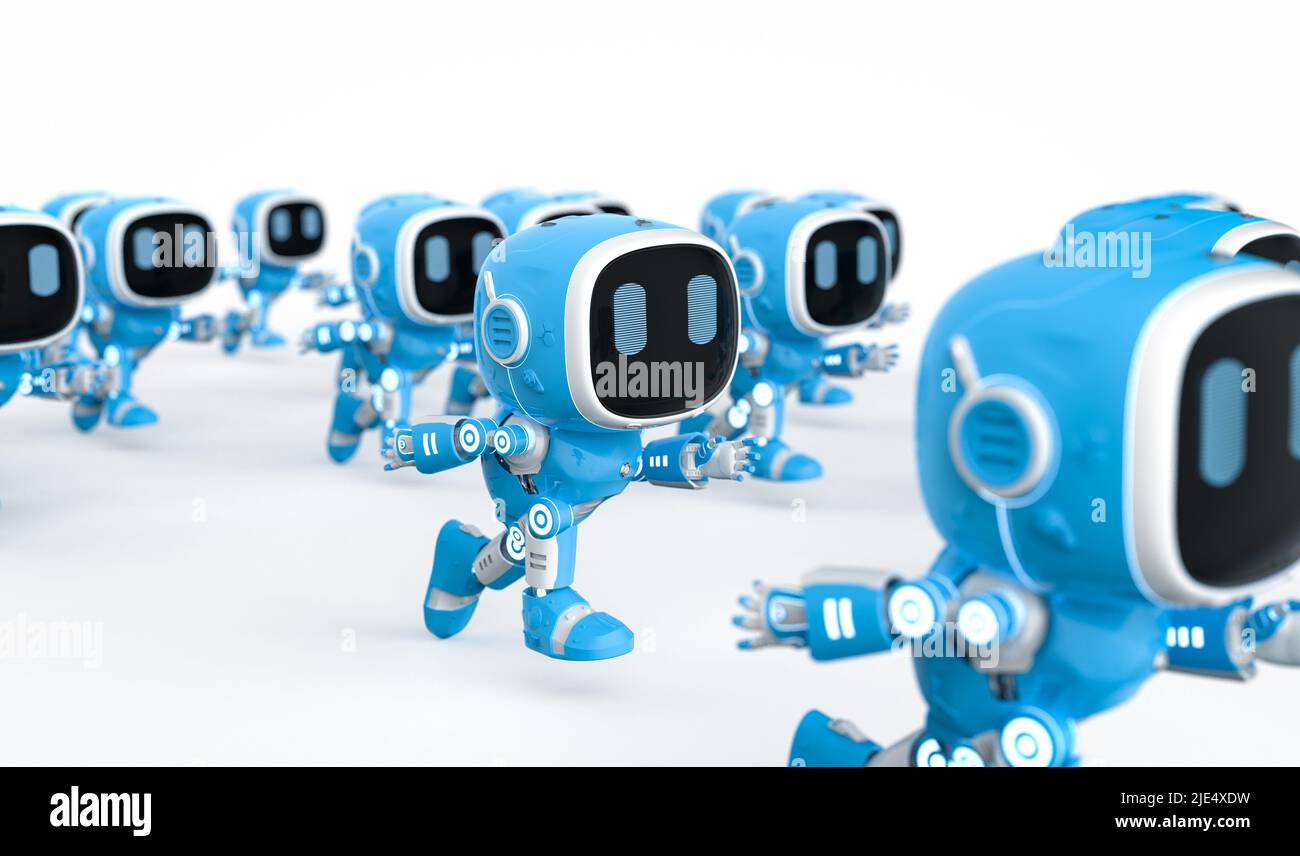 3d rendering group of cute and small artificial intelligence assistant robots running in ...