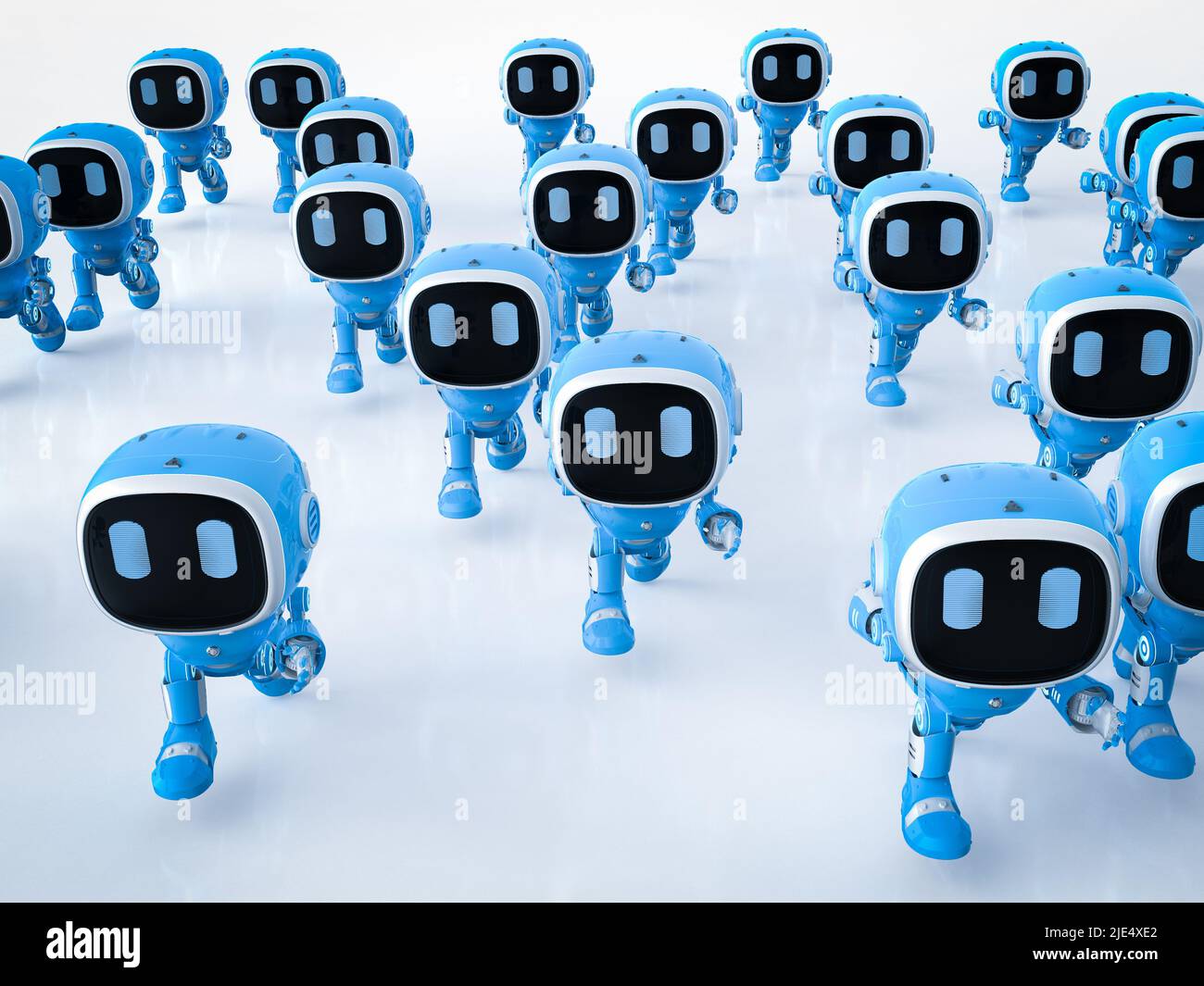 3d rendering group of cute and small artificial intelligence assistant robots running in ...