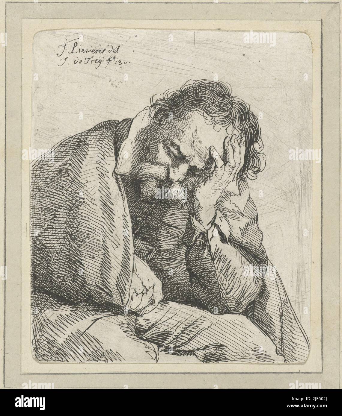 Portrait of a seated old man supporting his head with his hand while ...