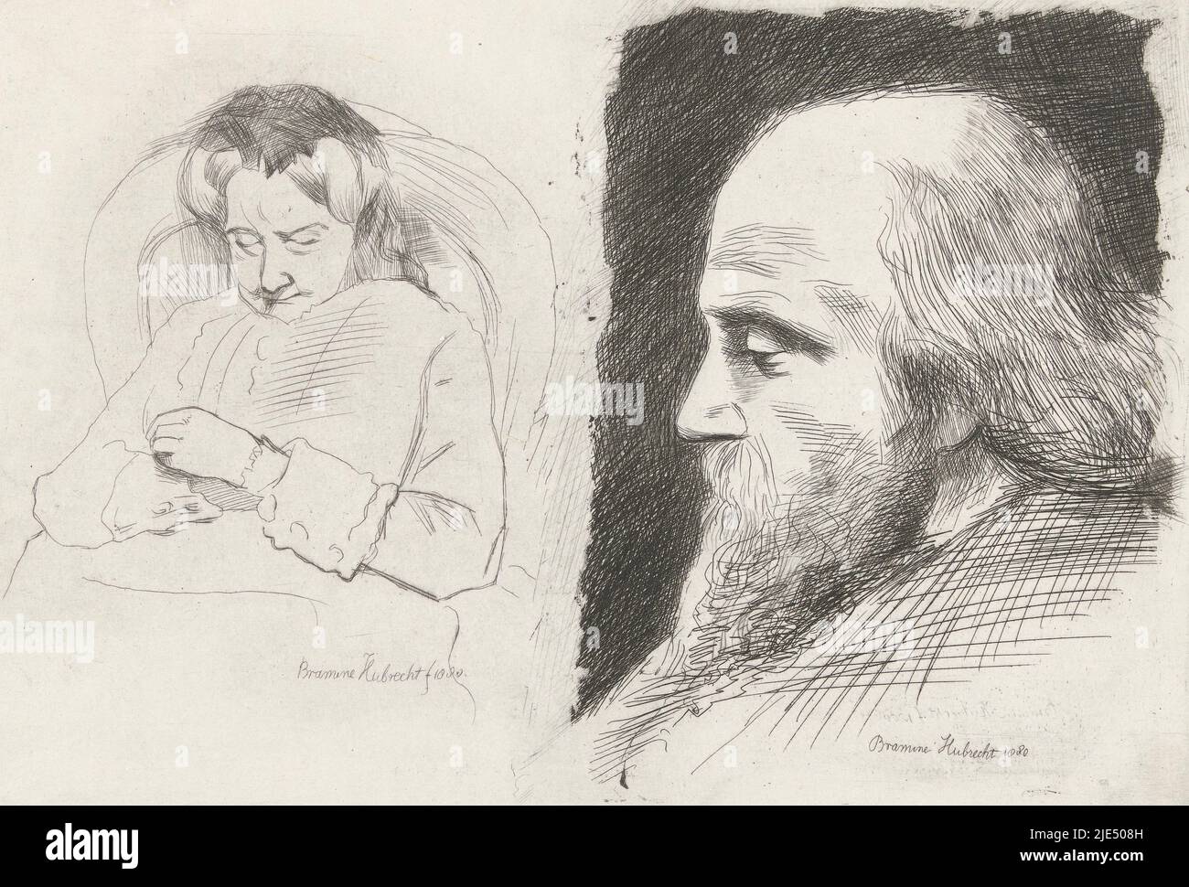 Left a sleeping woman in a chair. On the right a portrait of a man and ...