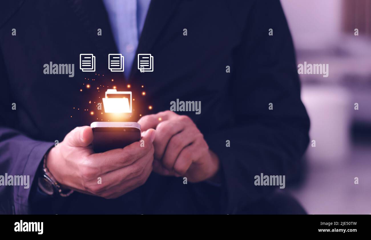 man using mobile smartphone. Document management system (DMS), online documentation database and ...
