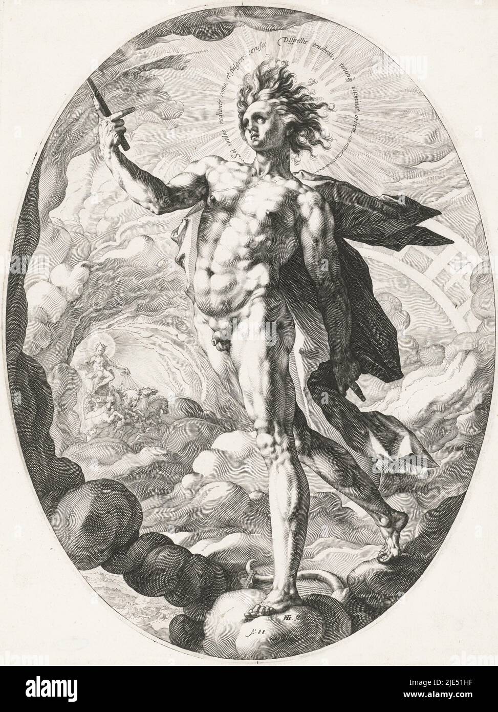 Oval depiction of the god Apollo writing with flaming hair through a ...