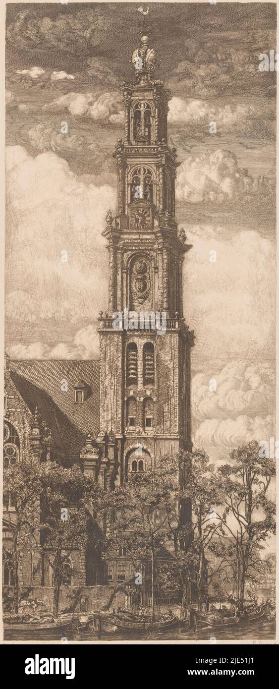 The tower of the Westerkerk on the Prinsengracht in Amsterdam. Tjalken moored along the canal ...