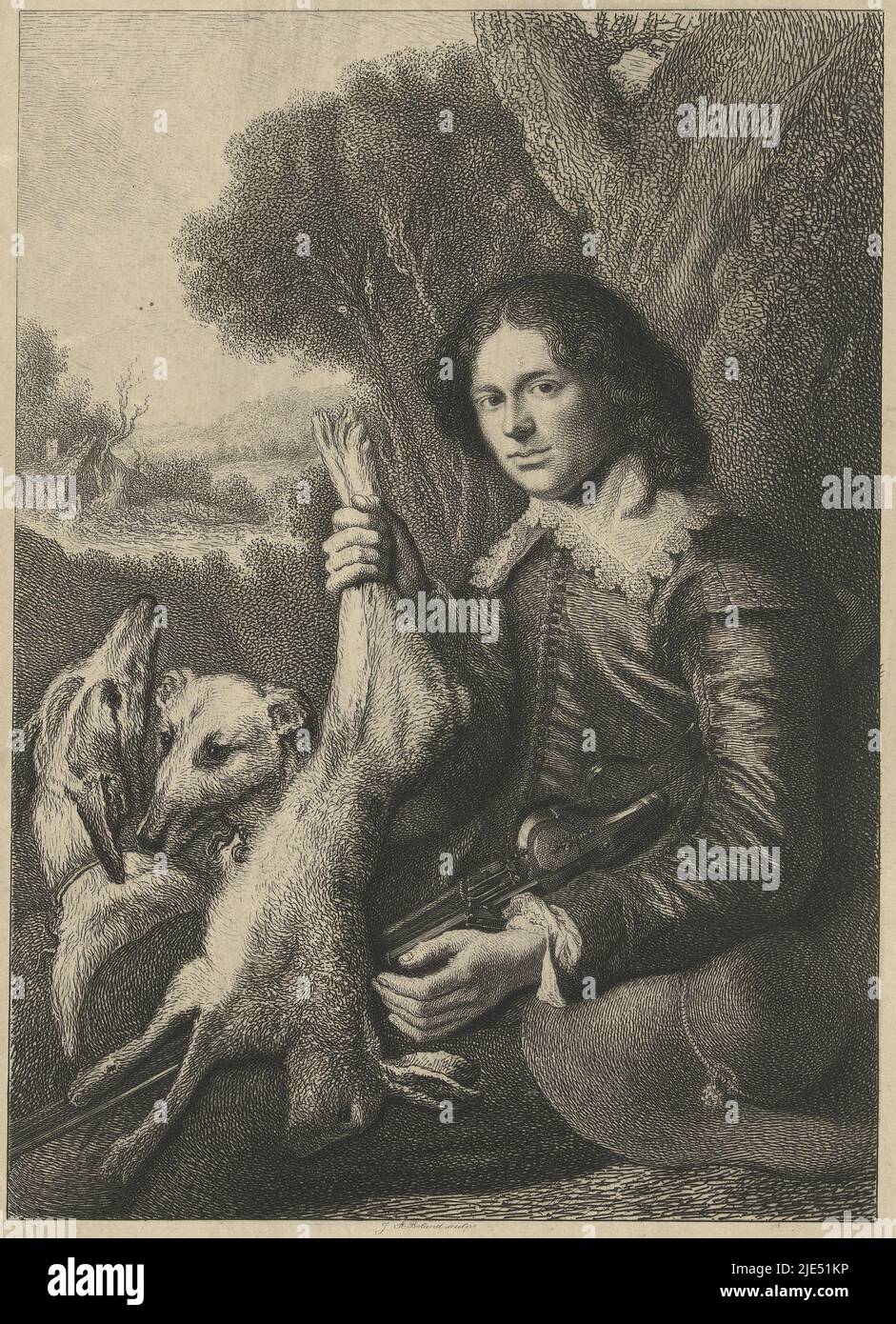 Hunter with hare in right hand, print maker: Johannes Arnoldus Boland ...