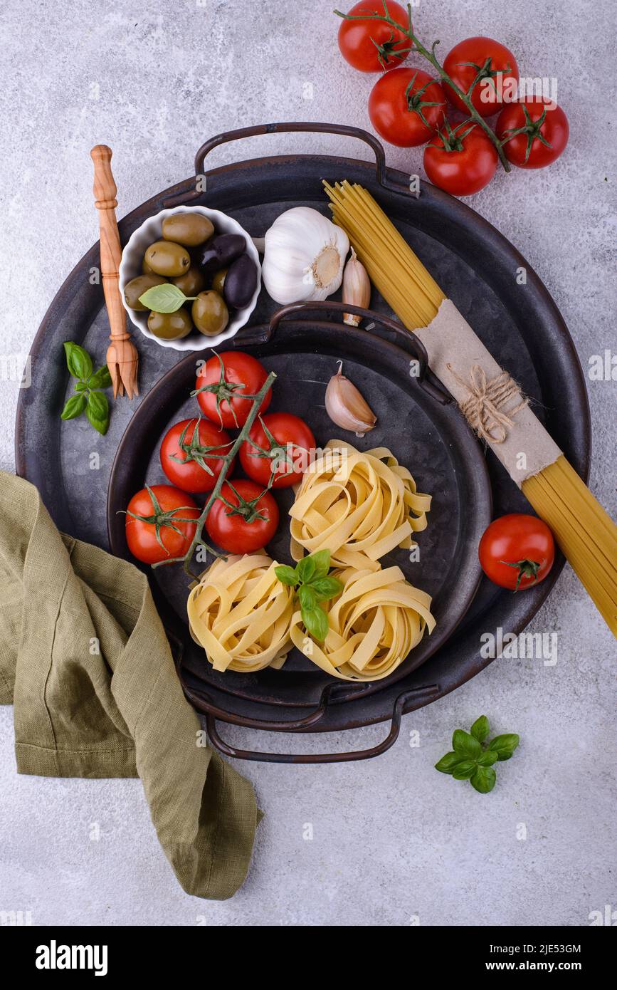 Italian food cooking background with pasta Stock Photo - Alamy