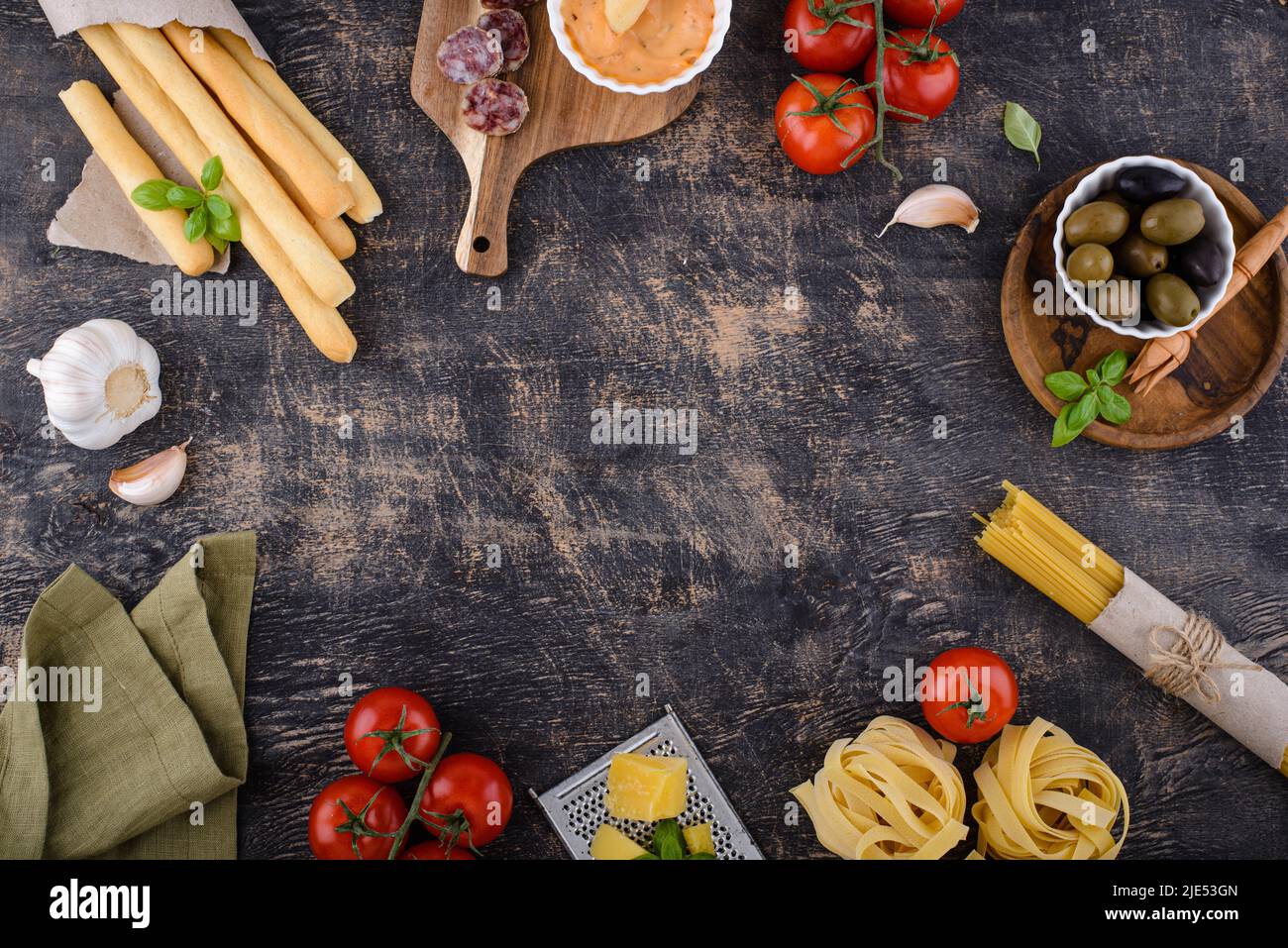 Italian food cooking background with pasta Stock Photo - Alamy