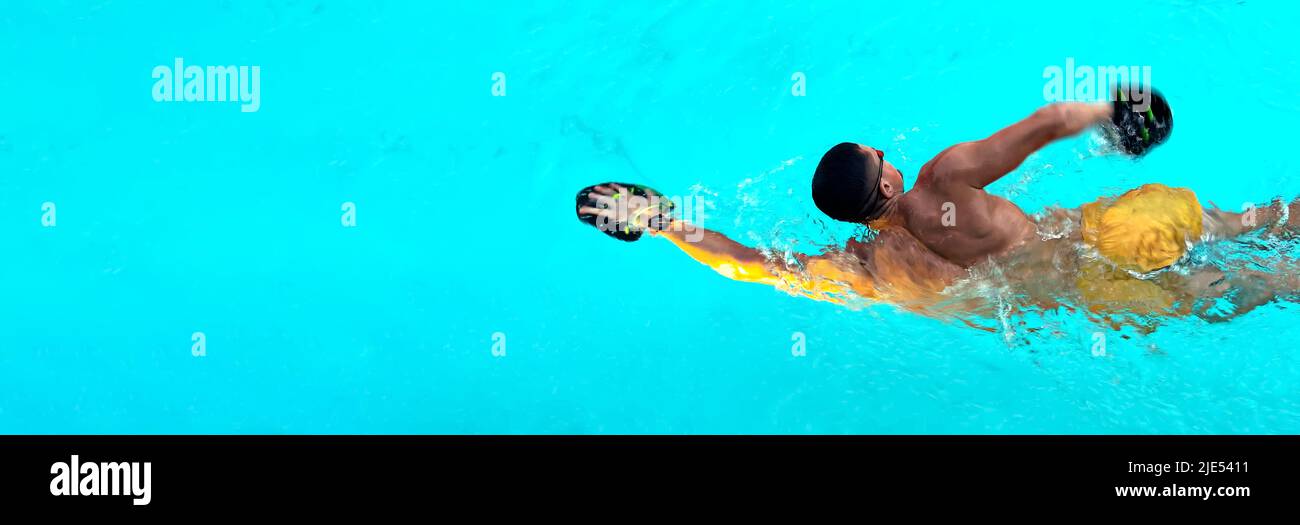 Man swimming with crawl in the pool. Triathlon fitness athlete swimming ...