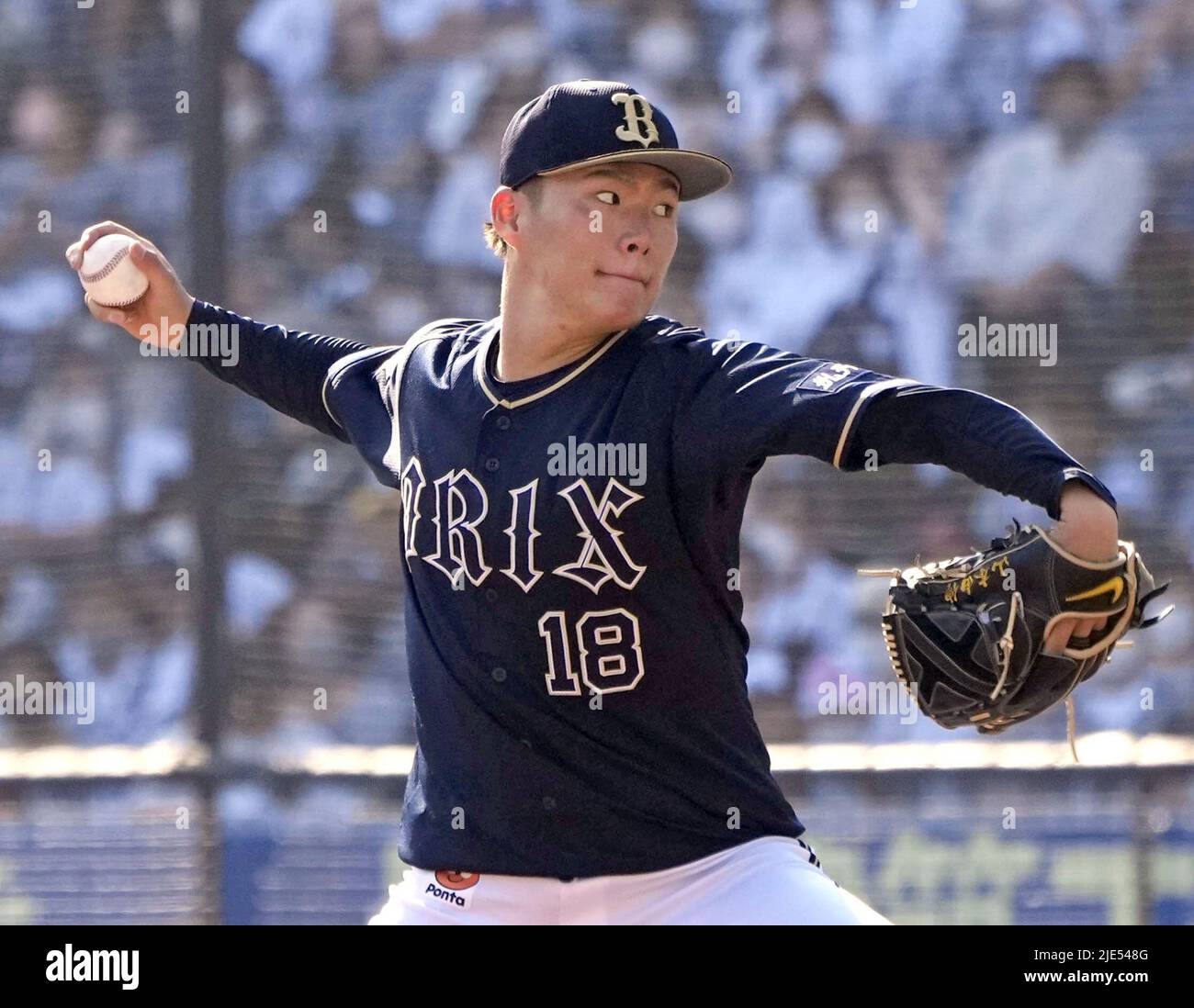 Yoshinobu Yamamoto of the Orix Buffaloes pitches against the Lotte Marines in a Pacific League ...
