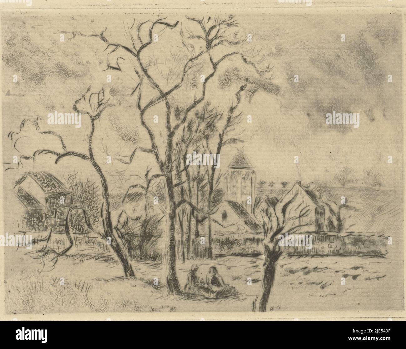 A meadow with two women sitting under a tree. Behind a wall the village of Osny, with several ...