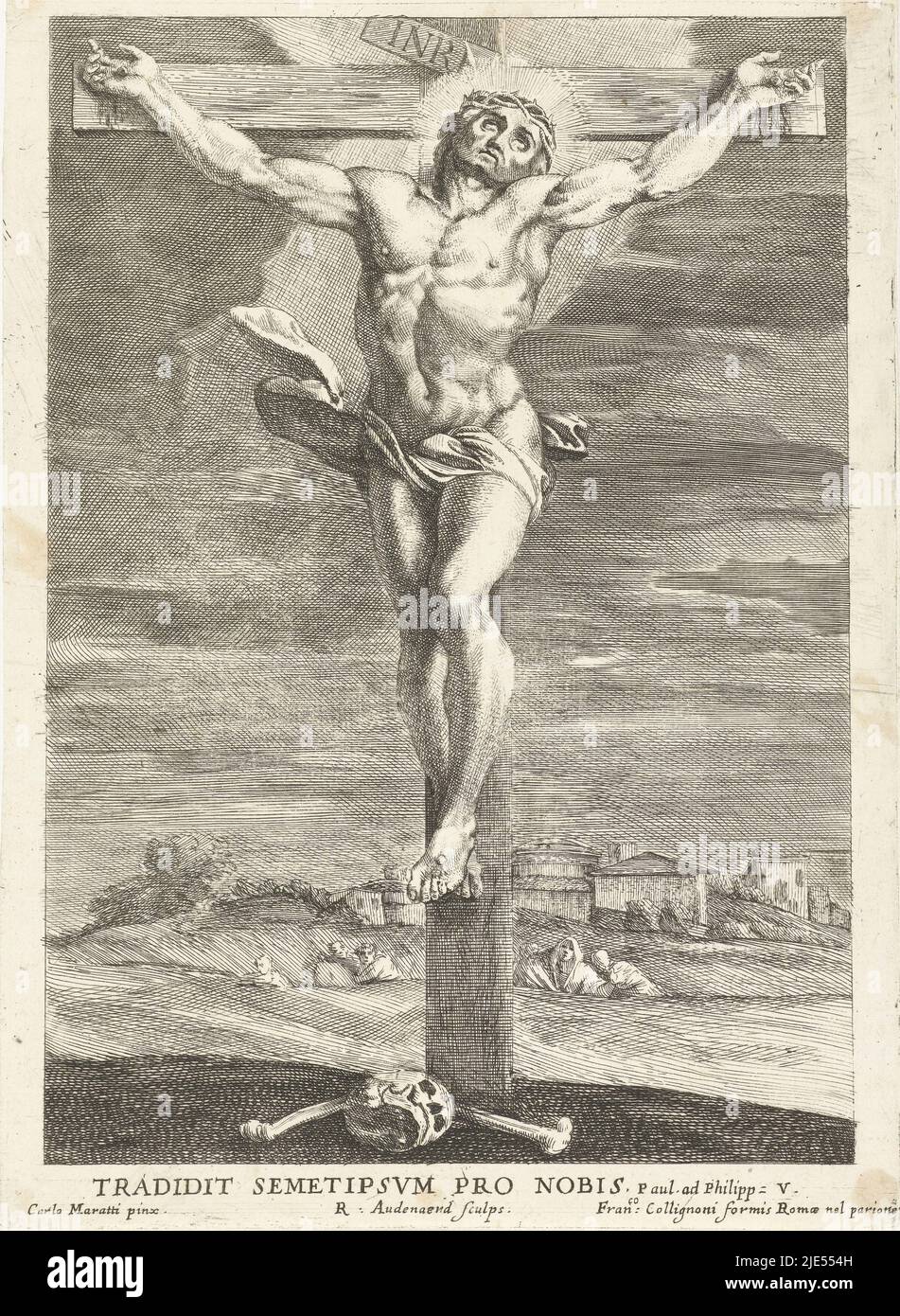 Christ on the cross, in the background a landscape with a city. Under ...