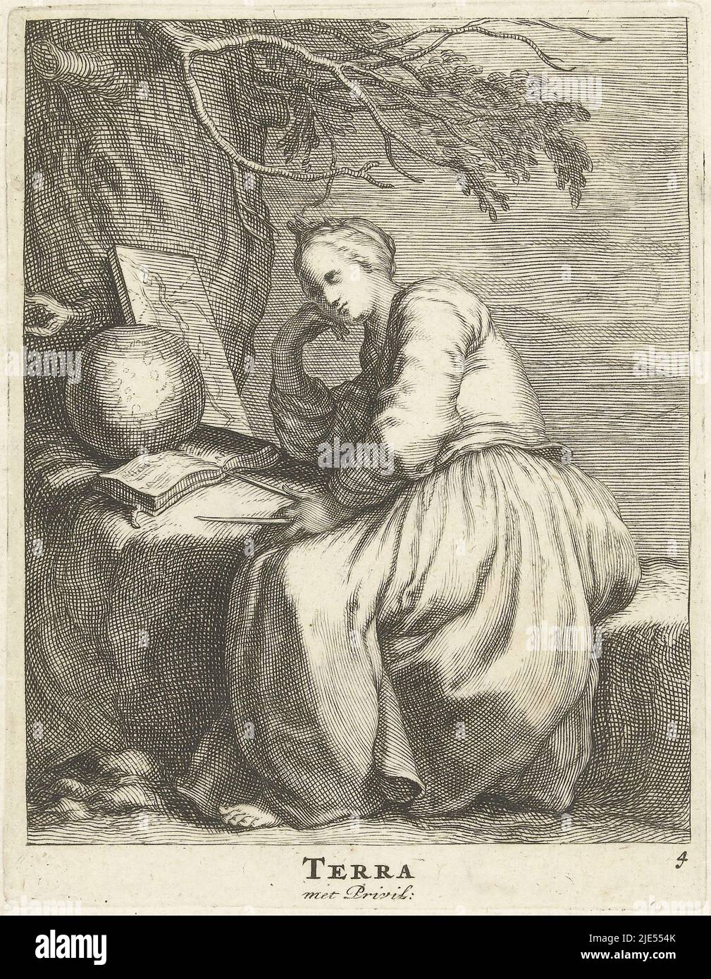 Seated female figure as 'Geography' with her attributes like a compass ...