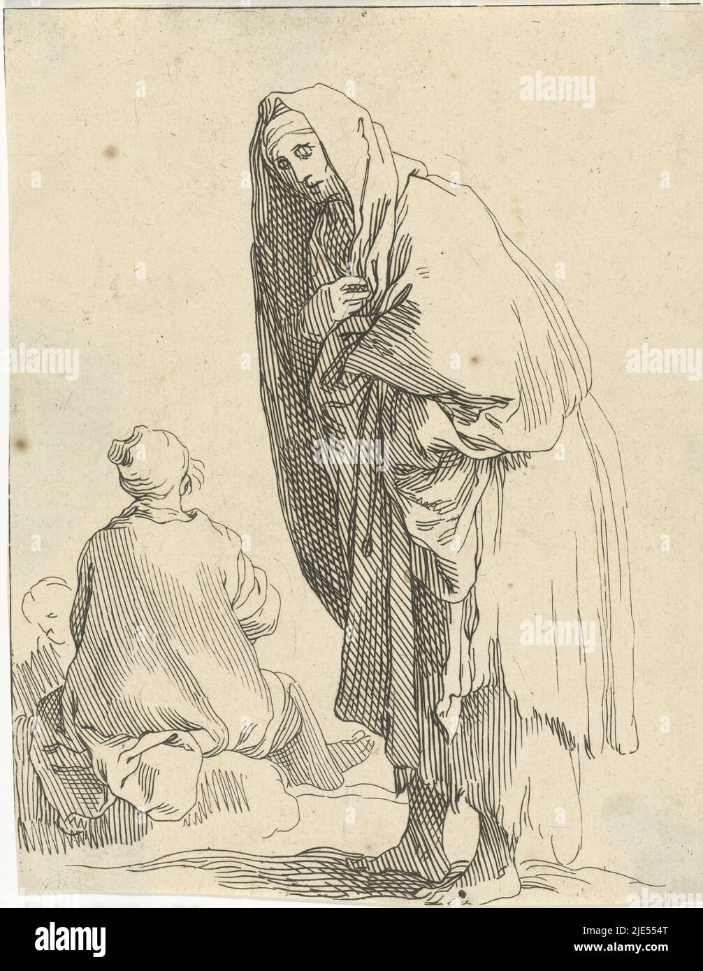 Standing woman, bent slightly forward. Behind her two more sitting ...
