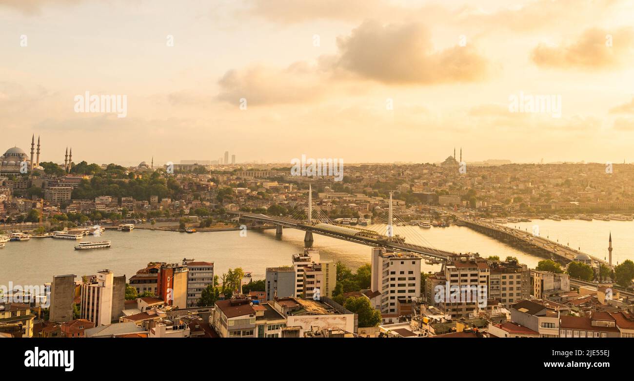 Istanbul panorama with mosque at sunset, aerial view of old town ...