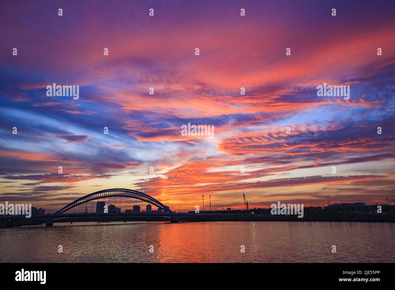 Night view of Fenghua river of Changfeng bridge in Yinzhou, Ningbo ...