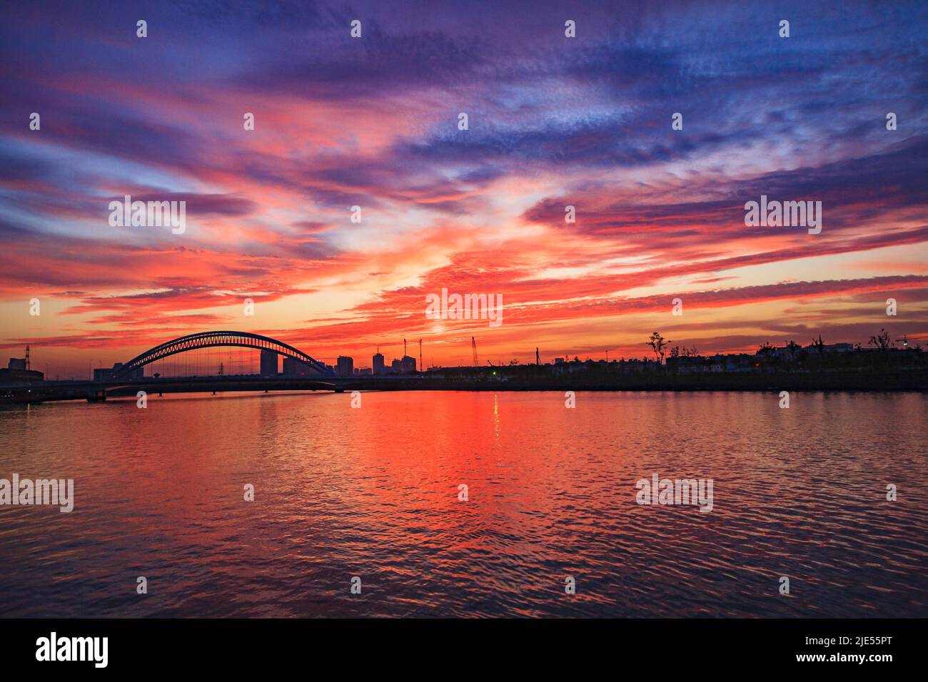 Night view of Fenghua river of Changfeng bridge in Yinzhou, Ningbo ...