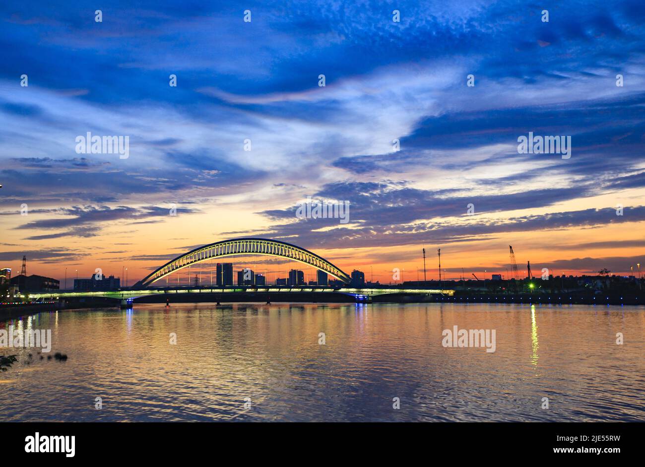 Night view of Fenghua river of Changfeng bridge in Yinzhou, Ningbo ...