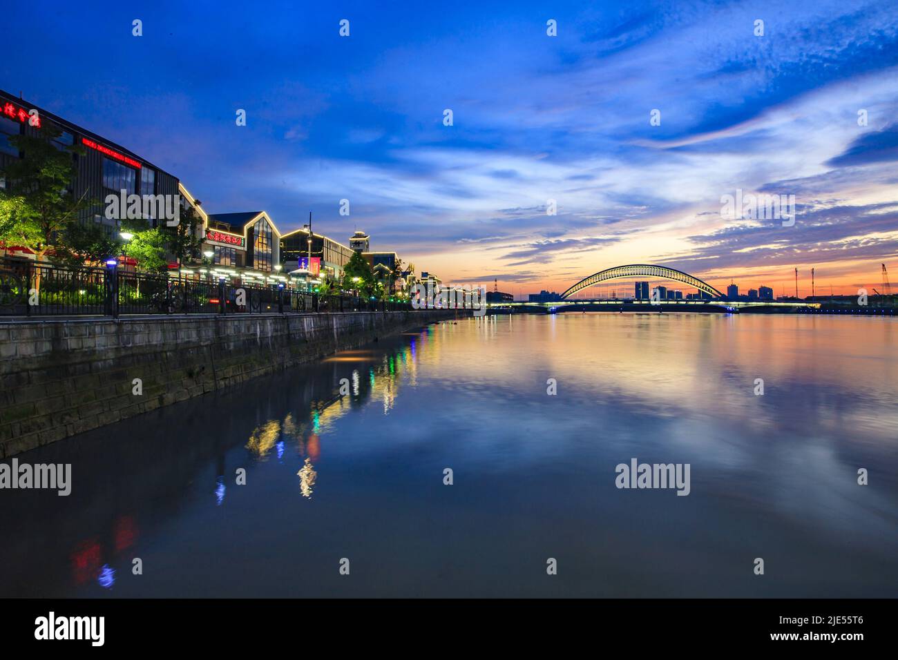 Night view of Fenghua river of Changfeng bridge in Yinzhou, Ningbo ...