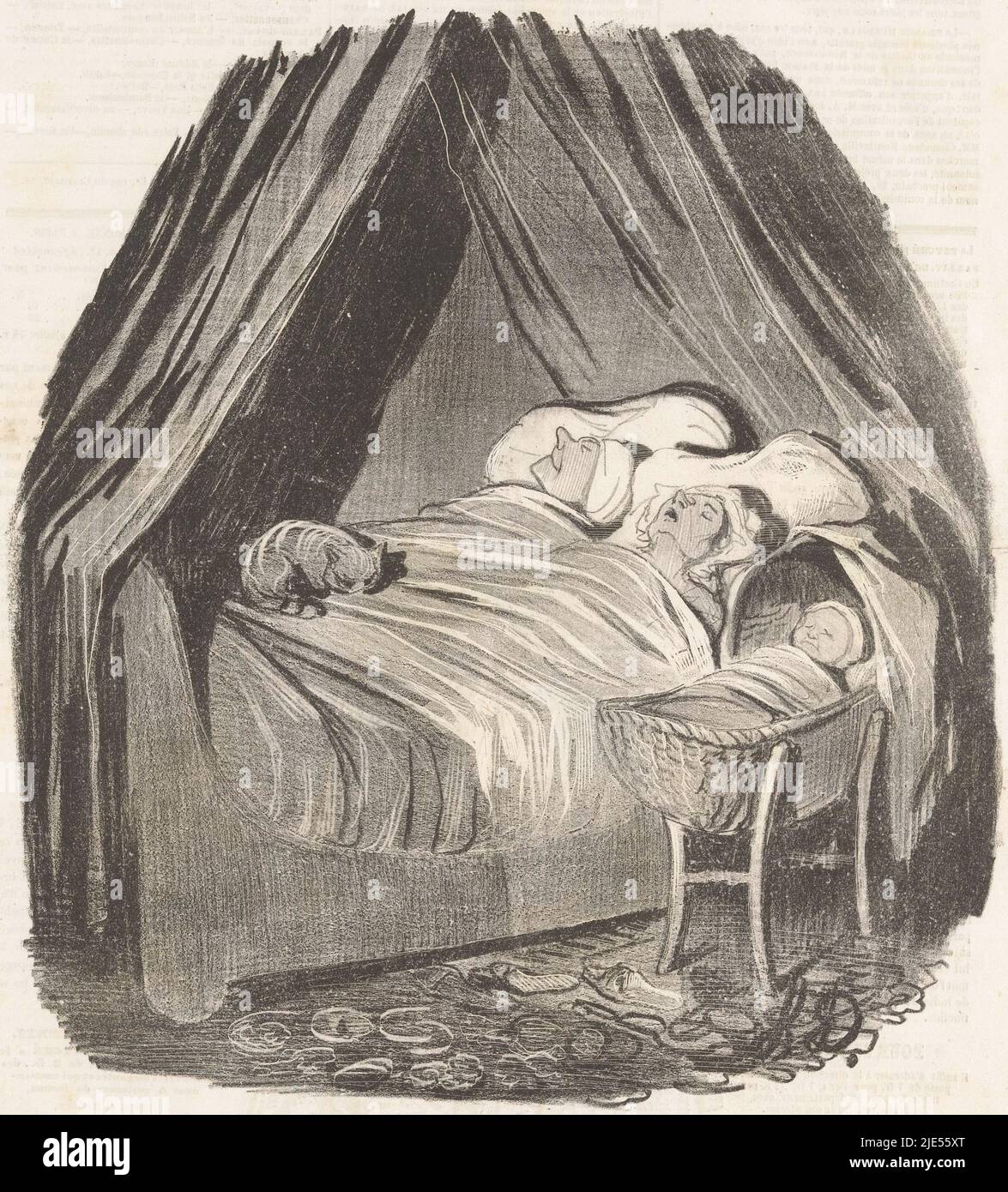 Couple sleeping with baby in cradle Family situations (series title ...