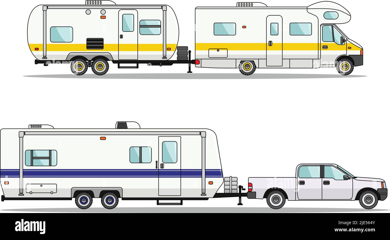 Set of car and travel trailers on a white background in flat style ...