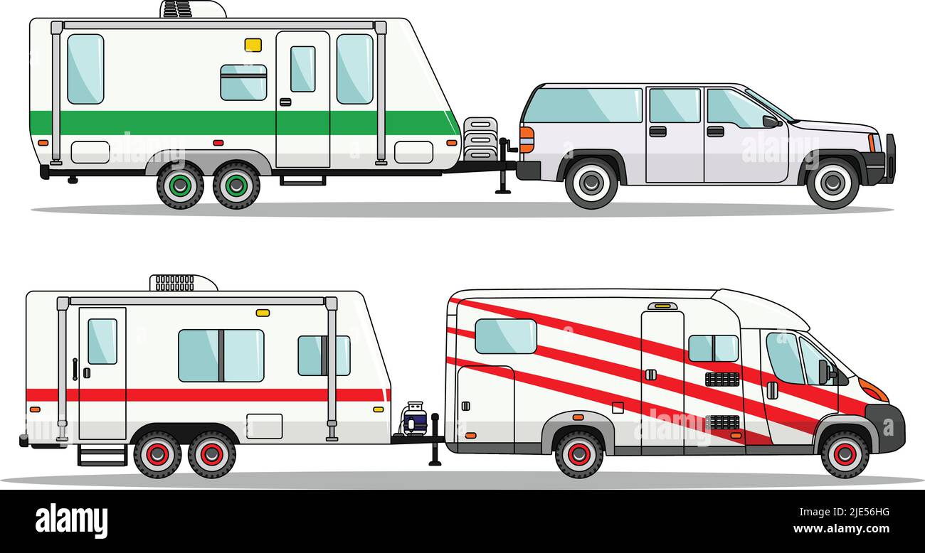 Set of car and travel trailers on a white background in flat style ...