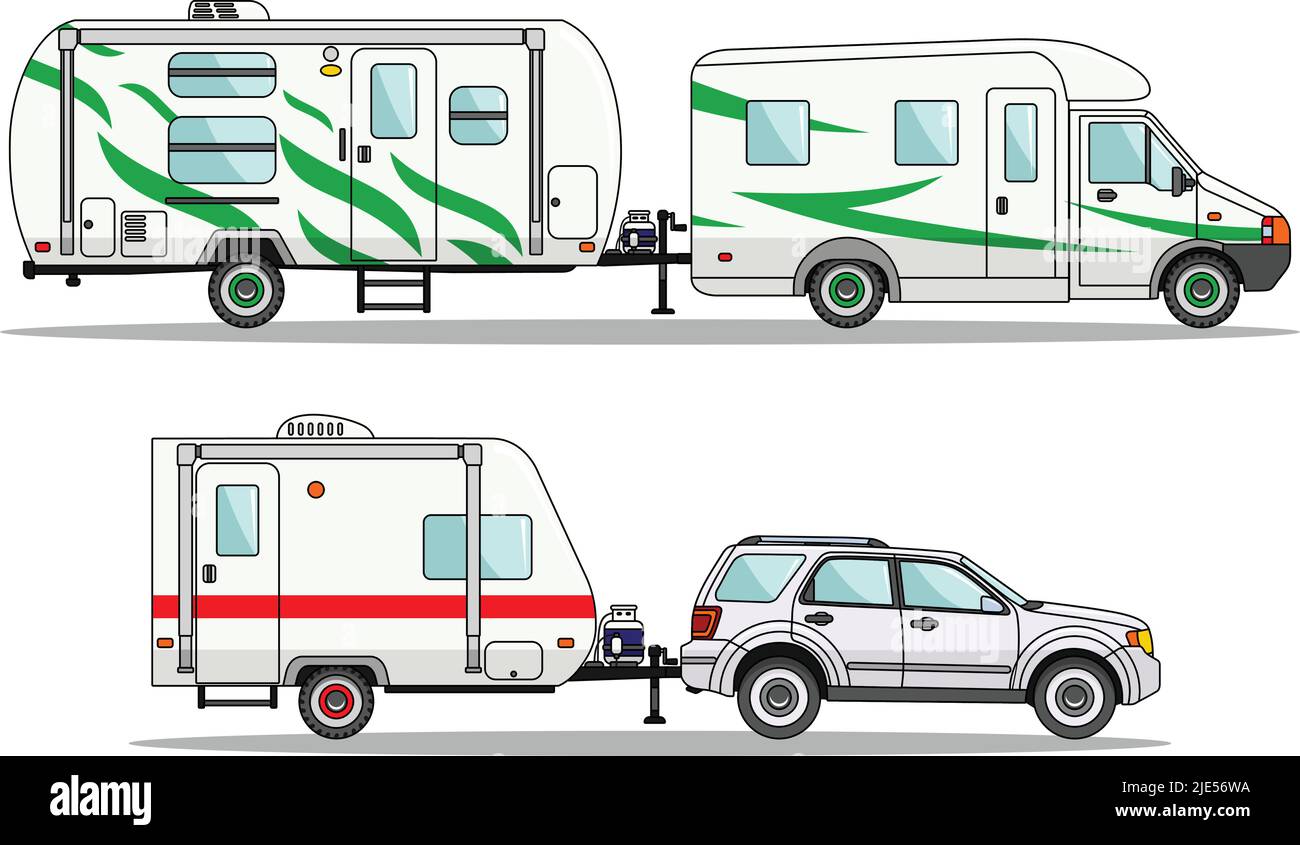 Set of car and travel trailers on a white background in flat style ...