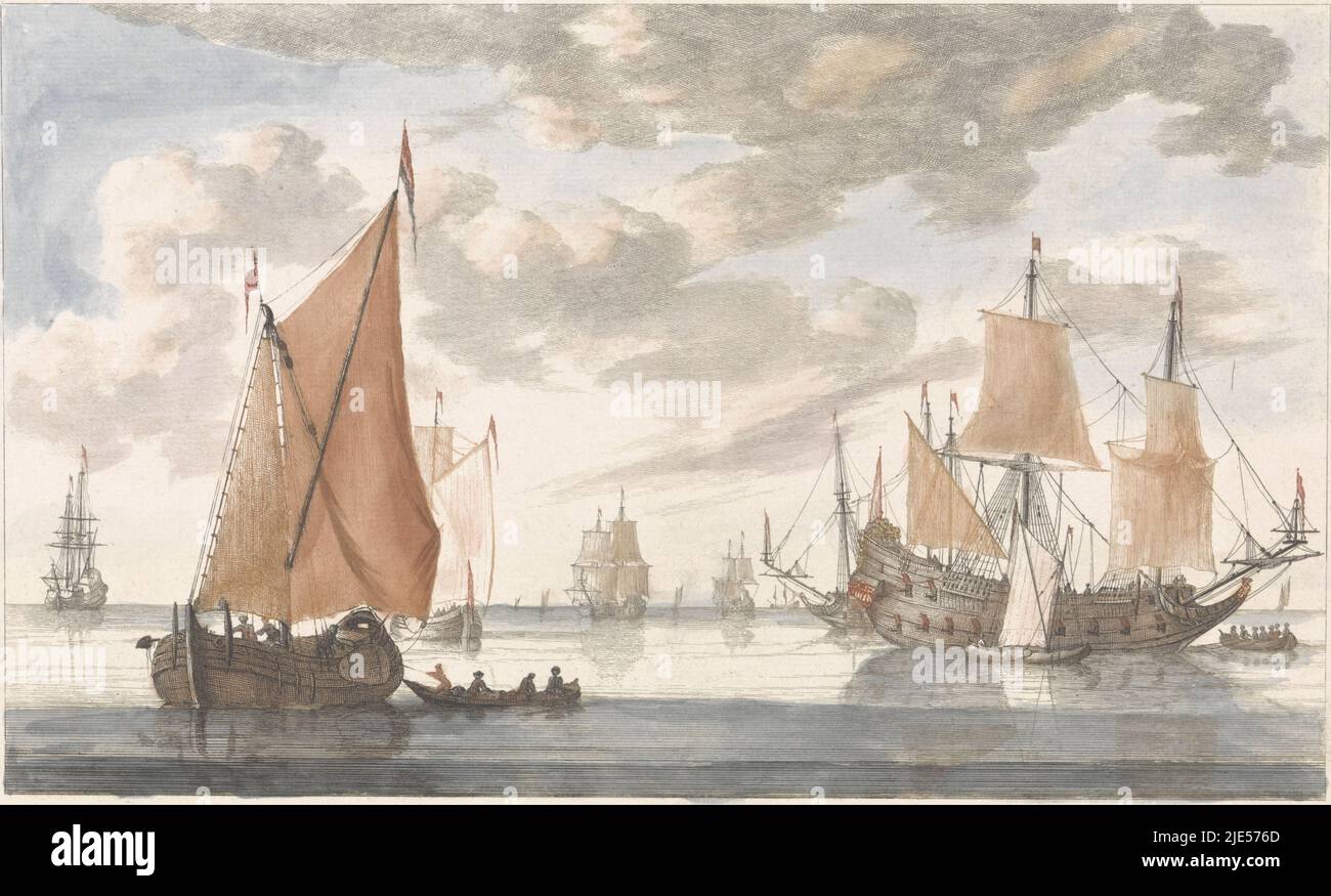 Seascape with in the foreground on the left a flat-bottomed ship with a ...