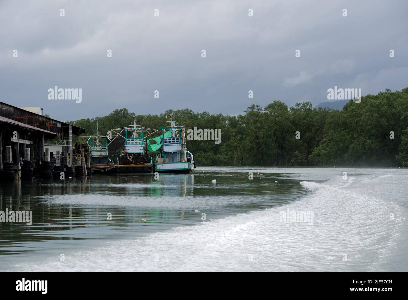 Outdoor scenery at estuary surround with mangrove forest and fisherman ...