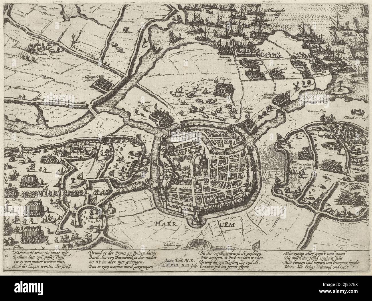 Map of the city of Haarlem and the surrounding area with the armies of ...