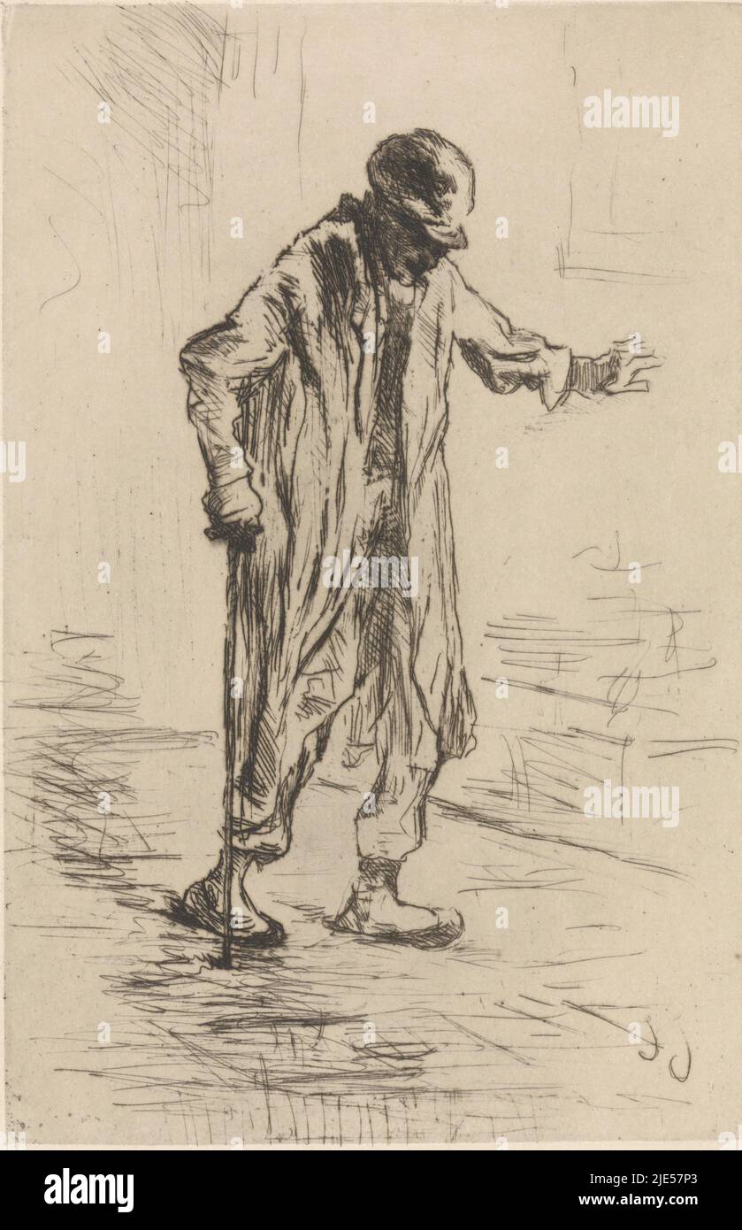 Old man with long coat and hat, walking in the street with walking ...