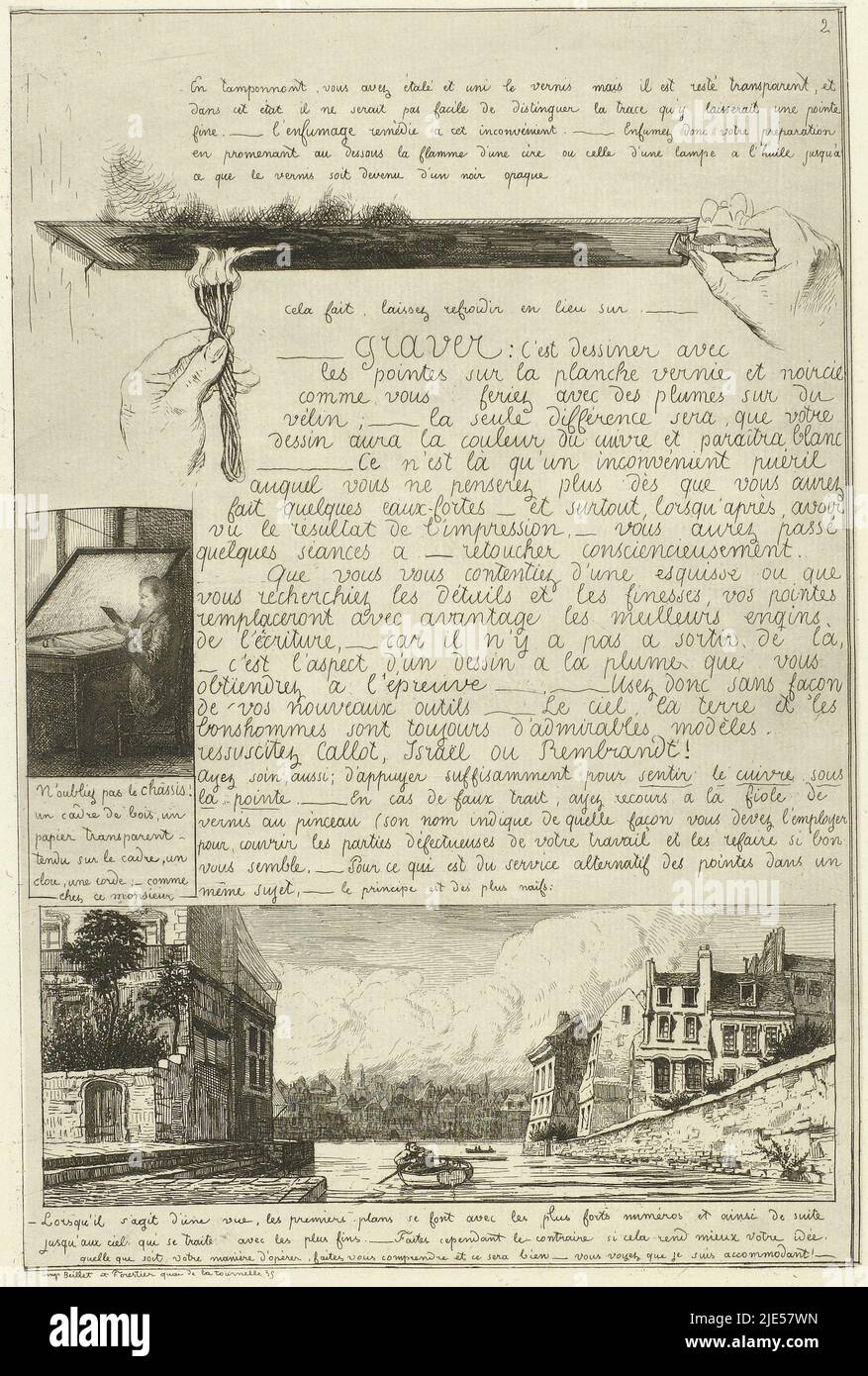 Beneath the text a city view, Letter on etching techniques with ...