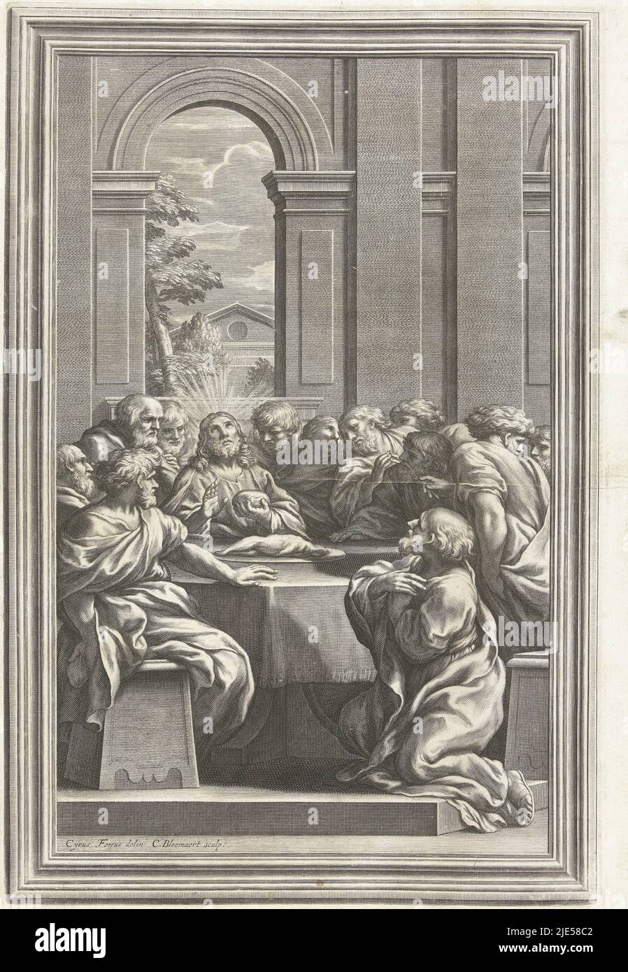 The disciples sit around a rectangular table. Christ sits in the middle ...