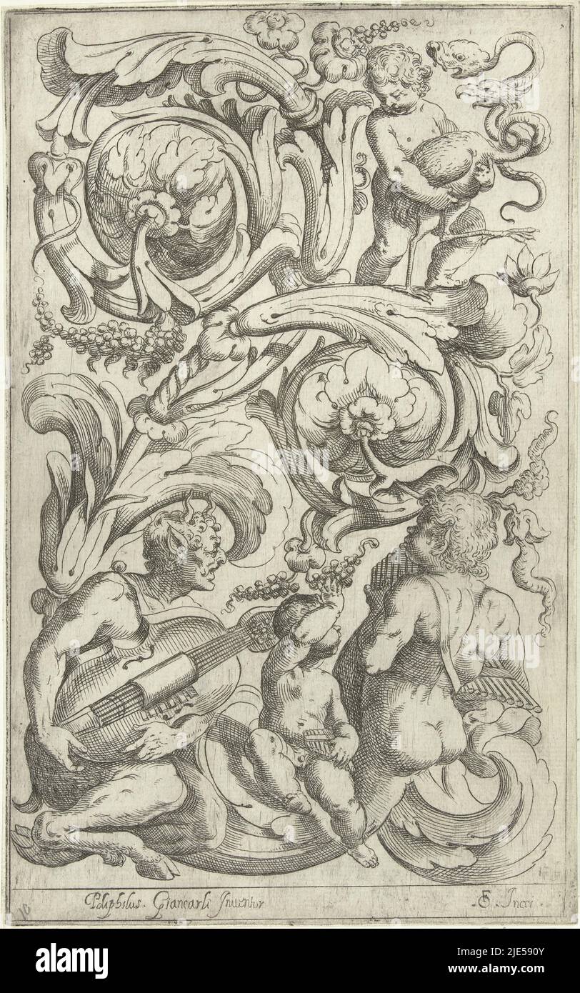 The three figures at the bottom hold musical instruments, Bladrank ...