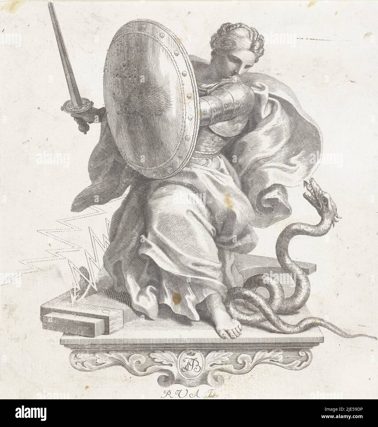 A woman is threatened by a snake. She is armed with a sword and a ...