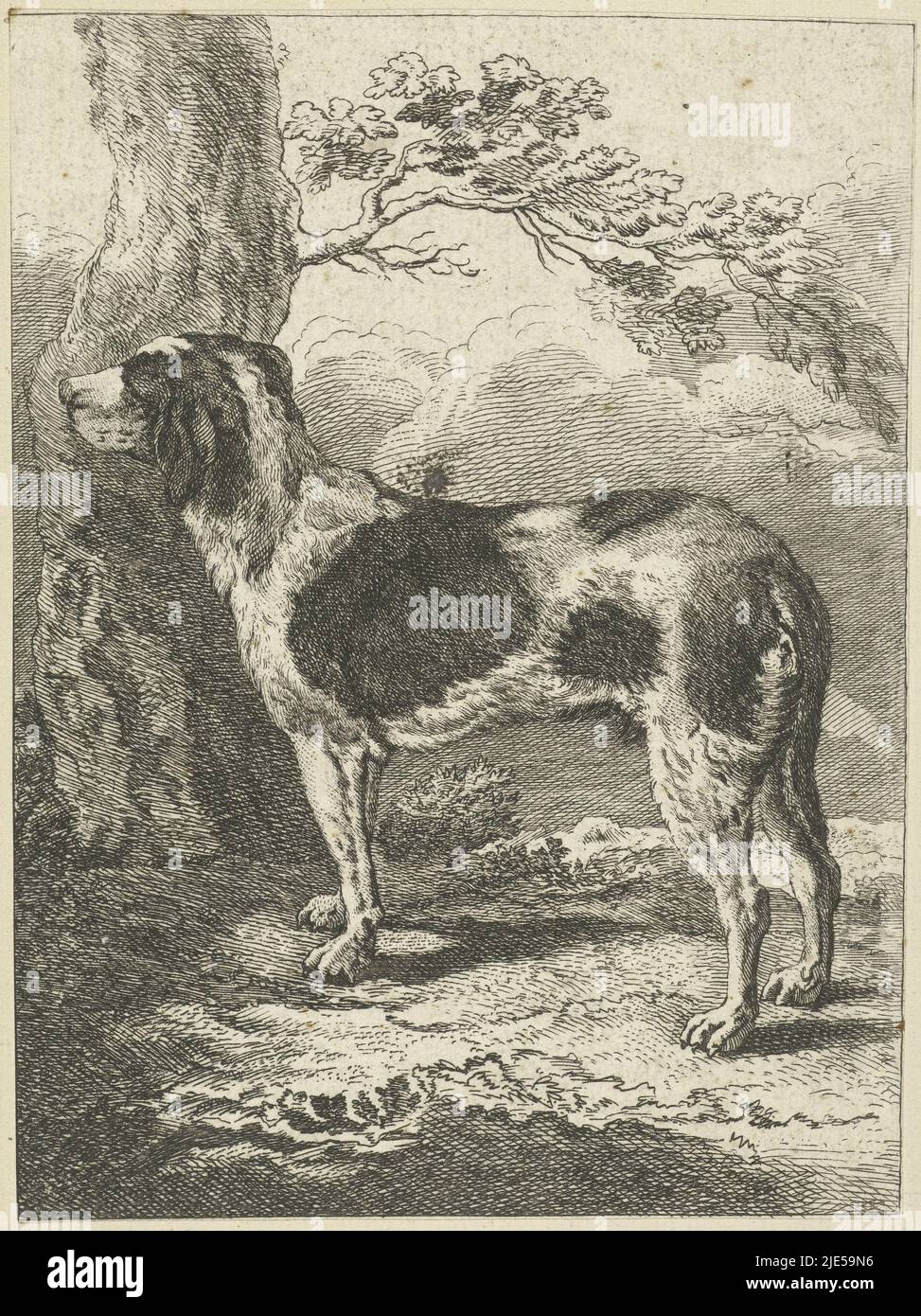 Standing dog by tree, print maker: Pieter Barbiers (IV), 1808 - 1848 ...