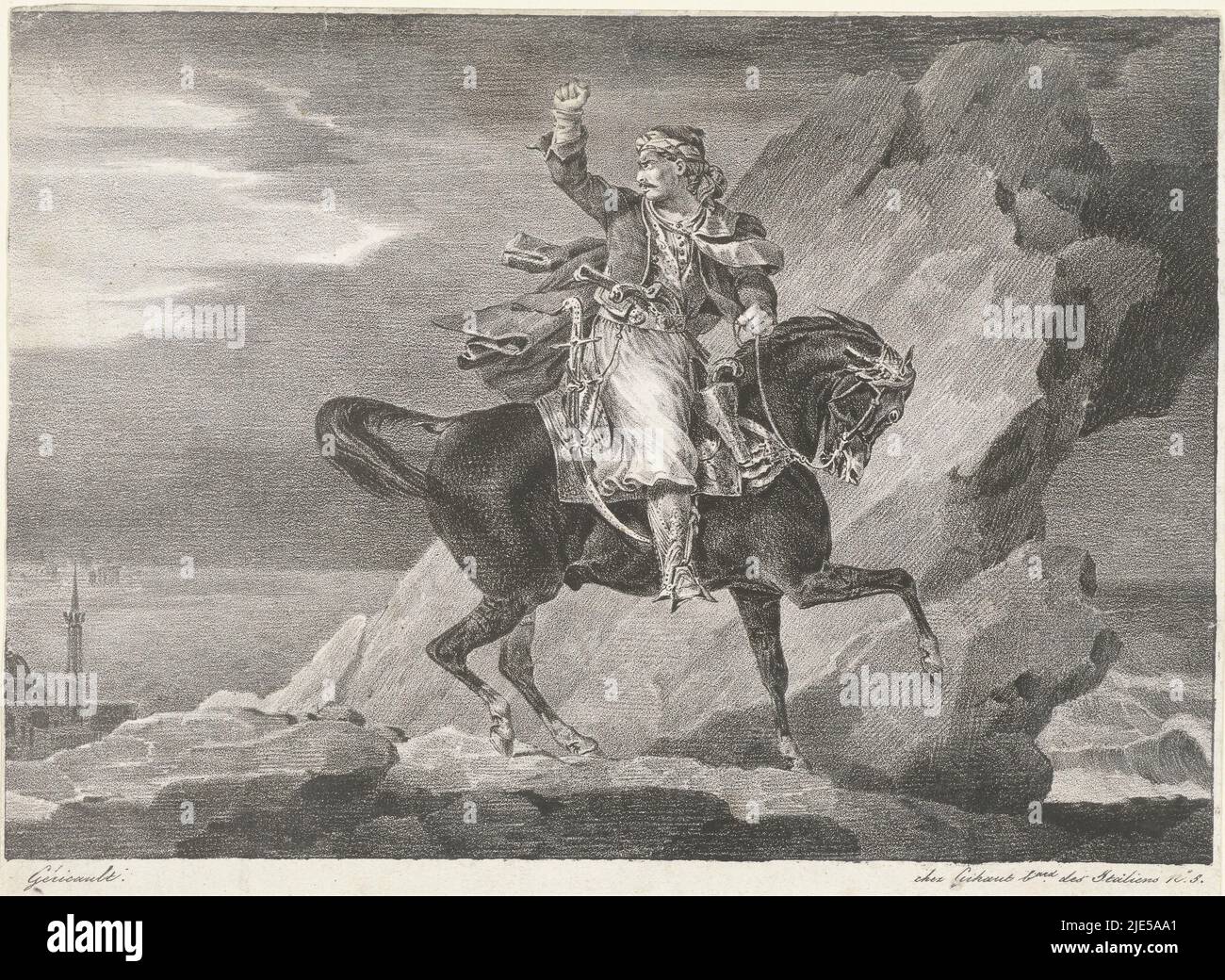 De Giaour, a Turkish infidel, as a warrior on horseback. He looks back ...