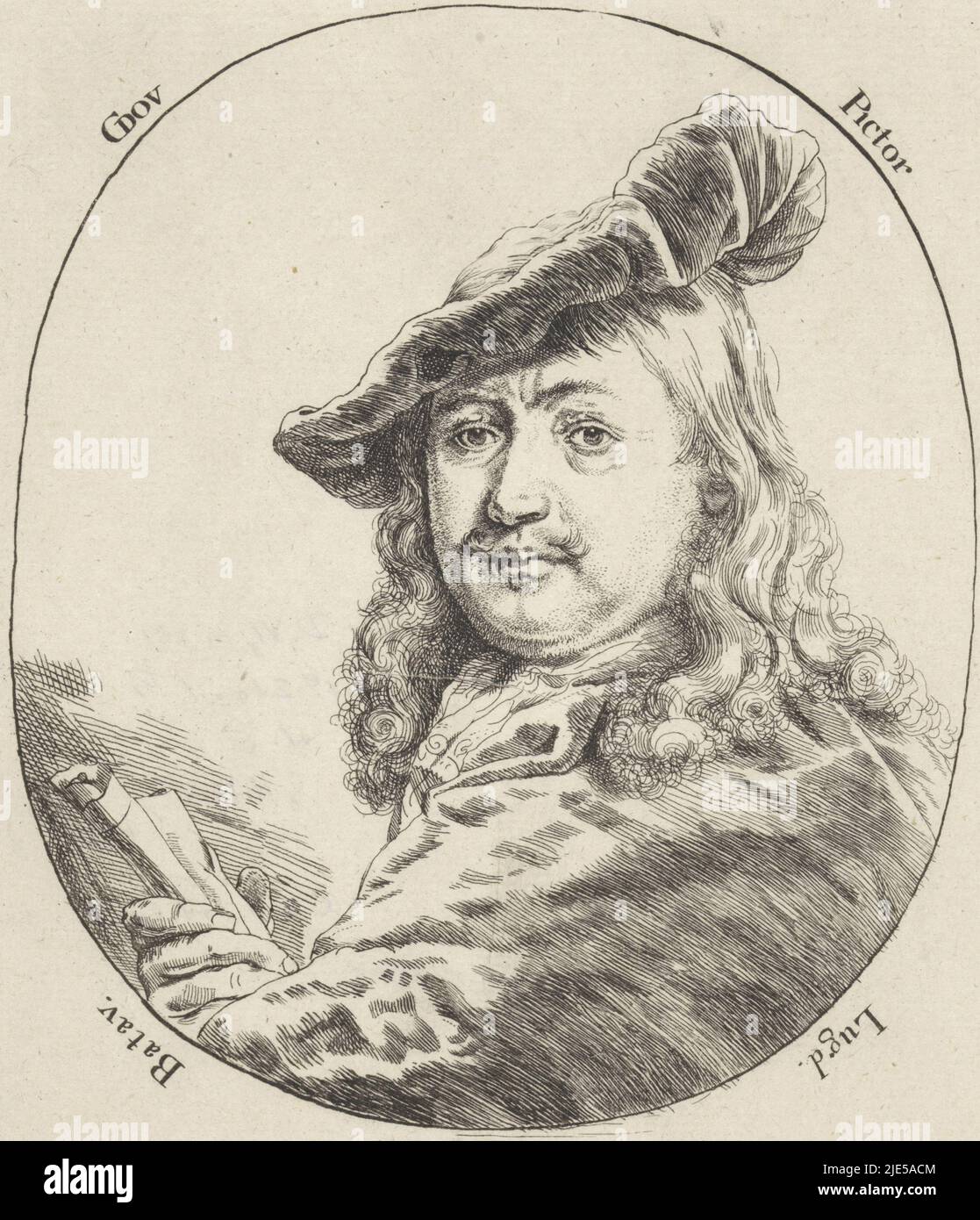 Bust of the artist Gerard Dou in an oval frame. Dou wears a beret and ...