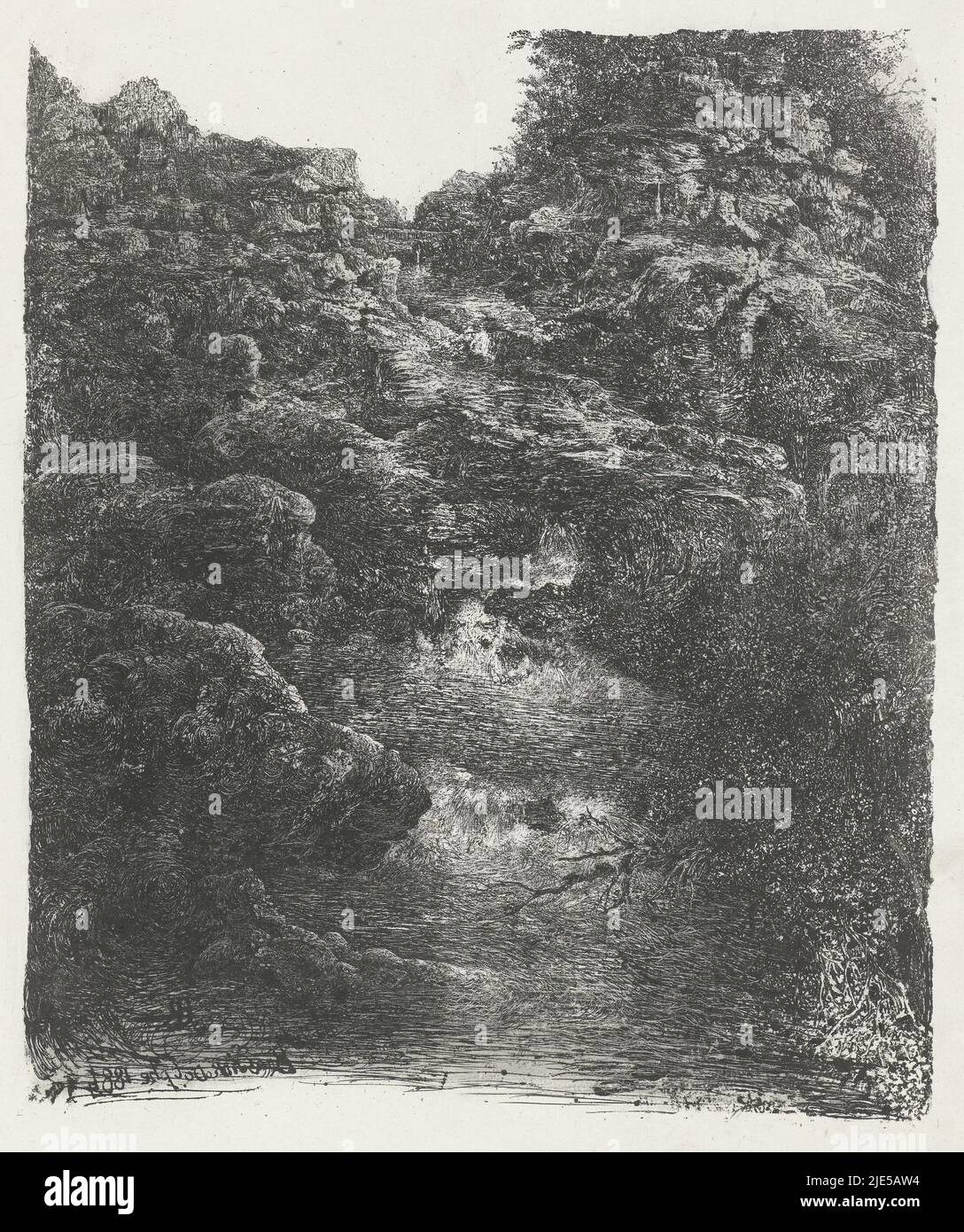 Rock landscape with stream and waterfall Le Ruisseau, print maker ...