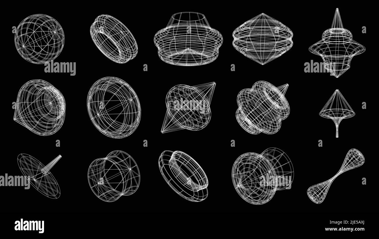 Set of abstract geometric technology elements in cyberpunk style. Retro vintage collection 3d ...