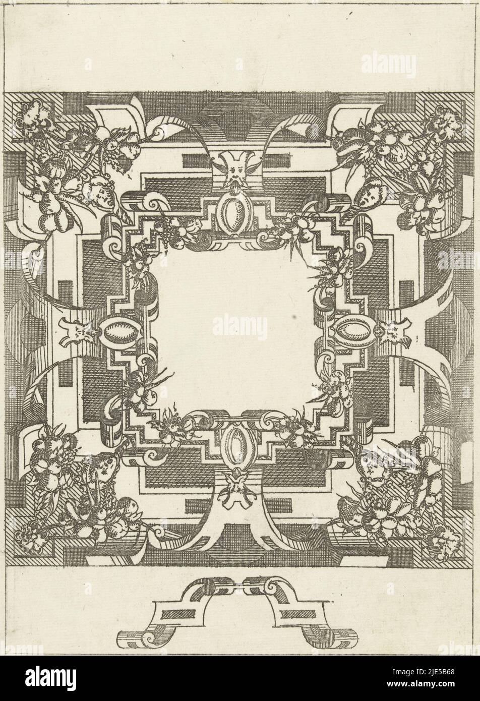 Square cartouche in a frame of scrollwork with garlands of fruit. The ...