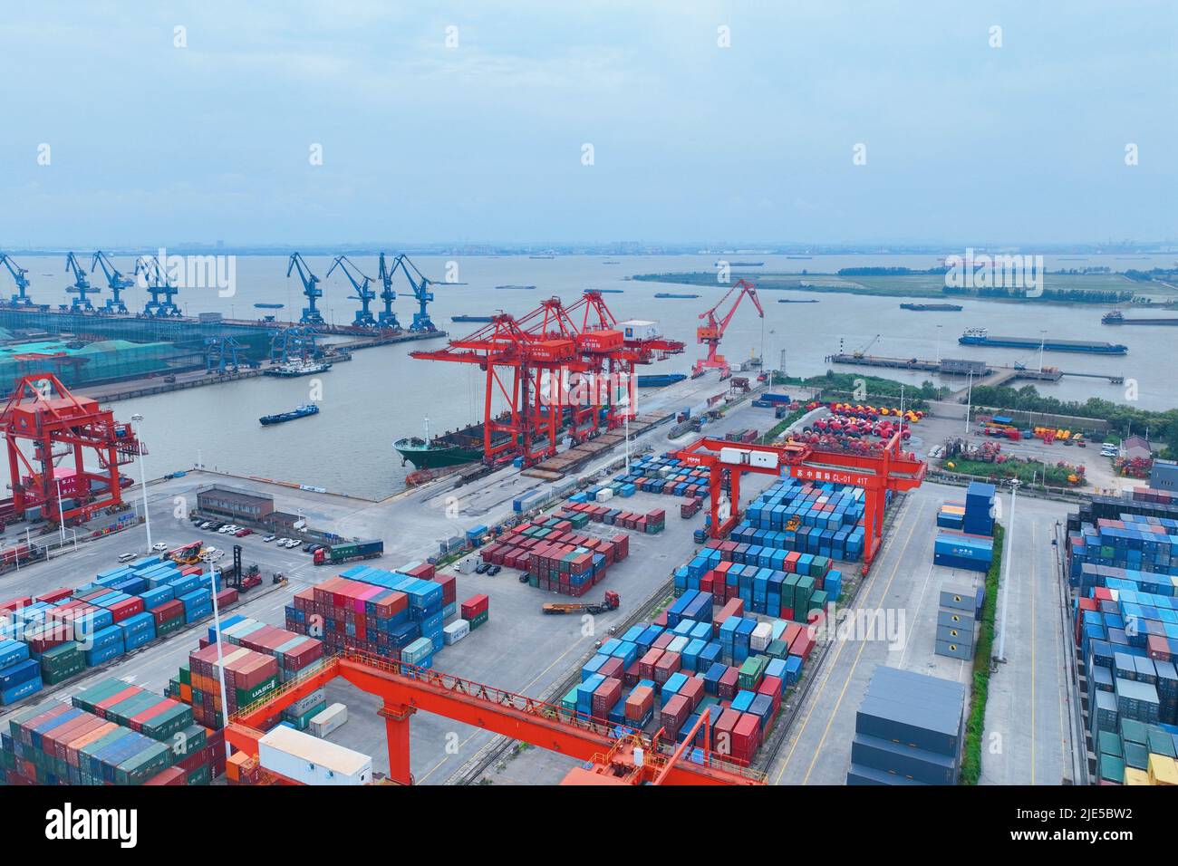NANTONG, CHINA - JUNE 24, 2022 - Cranes work at The Suzhong ...