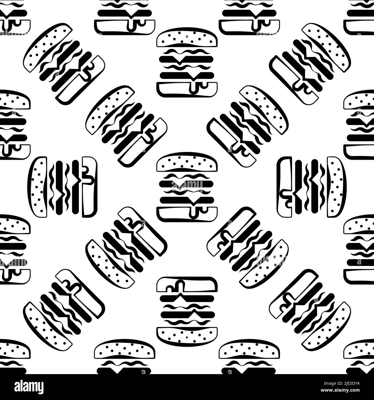 Burger Icon Seamless Pattern, Fast Food Burger Vector Art Illustration ...