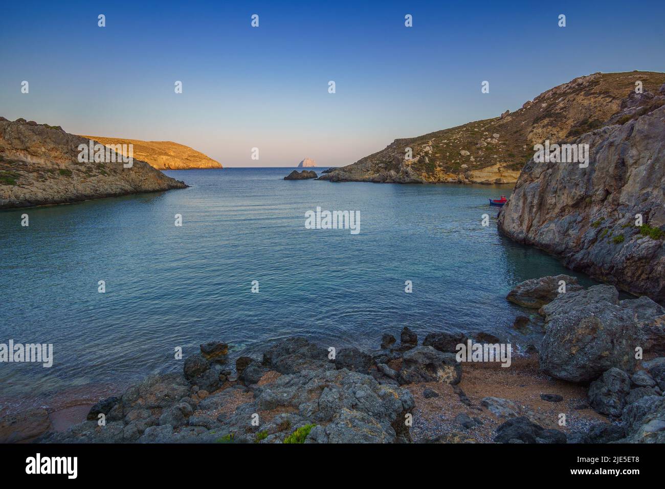 View of the famous rocky beach Melidoni in Kythira island at sunset ...